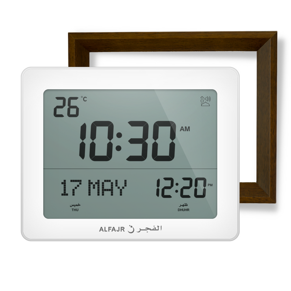 Alfajr CF-19 Azan Clock (White) with Detachable Solid Wood Frame (Dark ...